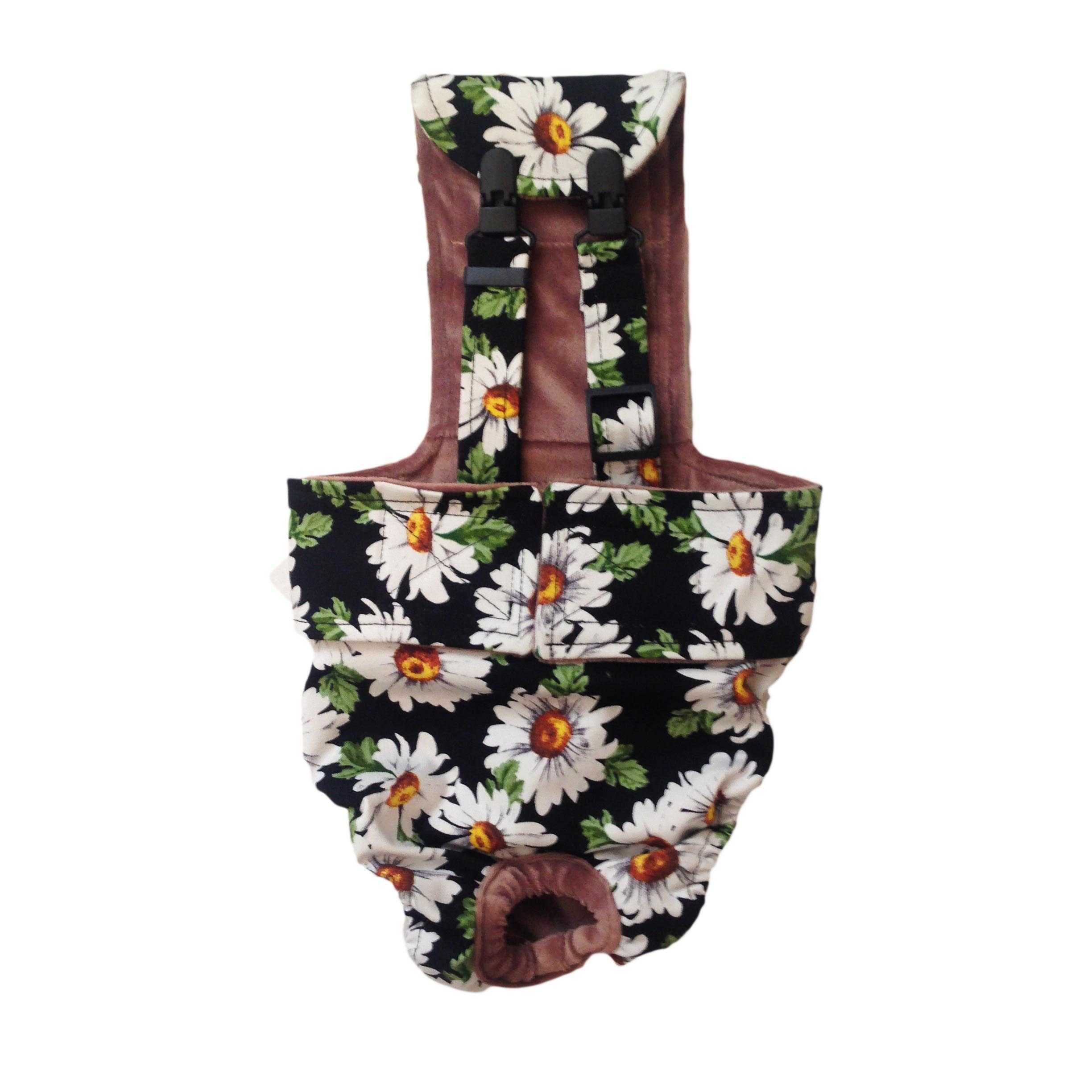Barkertime White Daisy Flower on Black Escape-Proof Washable Dog Diaper ...